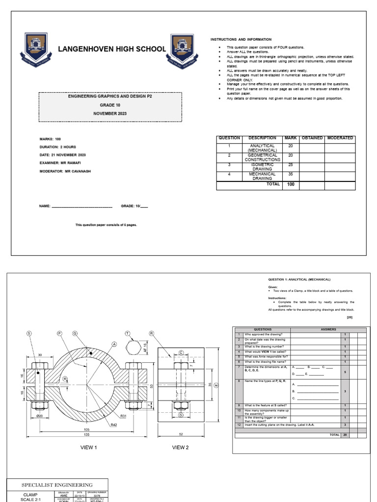Engineering Graphics and Design P2 2023 | PDF | Drawing | Technical Drawing