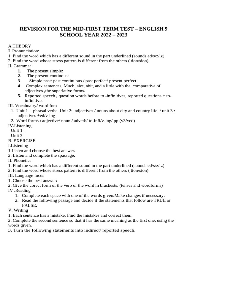 English 9 Mid-Term Test Revision Guide | PDF | Language Arts & Discipline