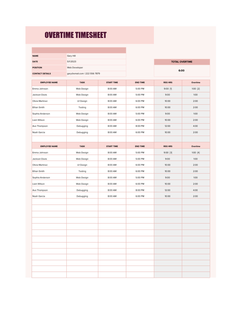 Overtime Timesheet Template - Overtime Timesheet | PDF