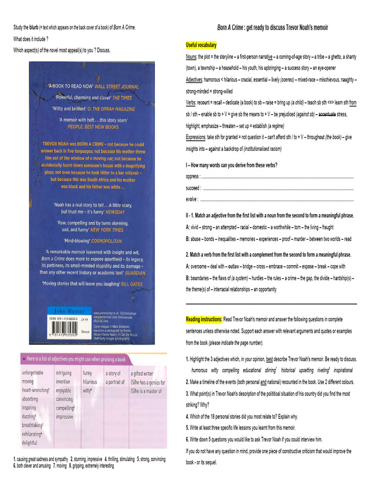 Born A Crime - Blurb, Useful Vocab and Reading Instructions | PDF ...