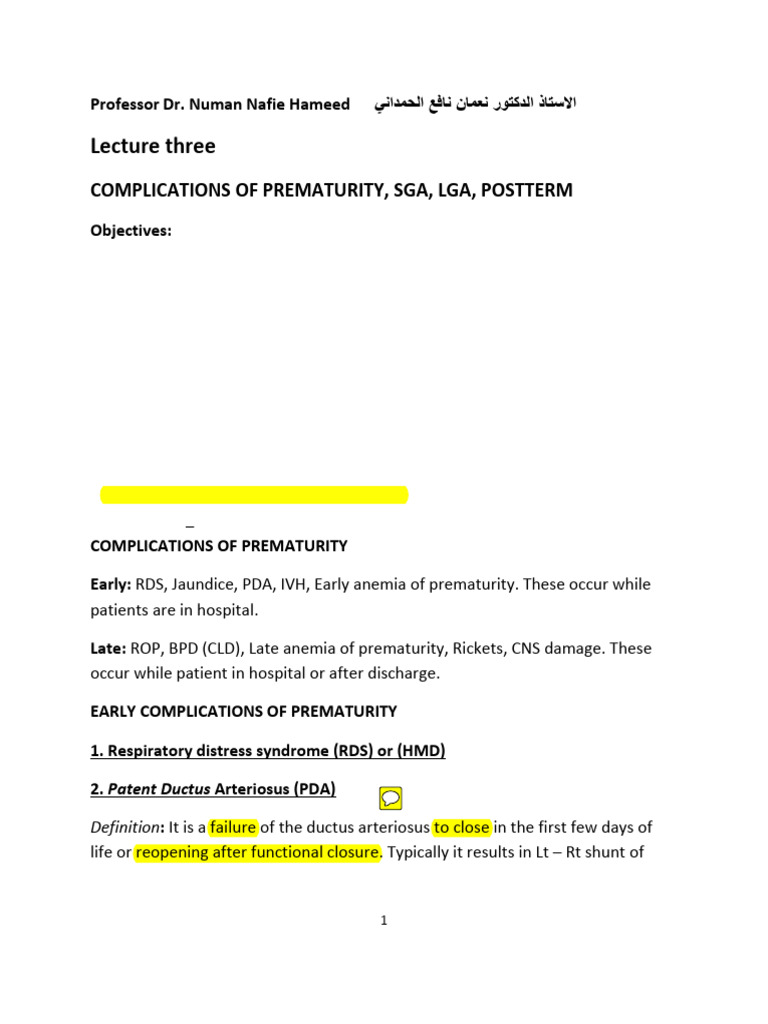 L4-N2 Complications of Prematurity | PDF | Preterm Birth | Medical Specialties