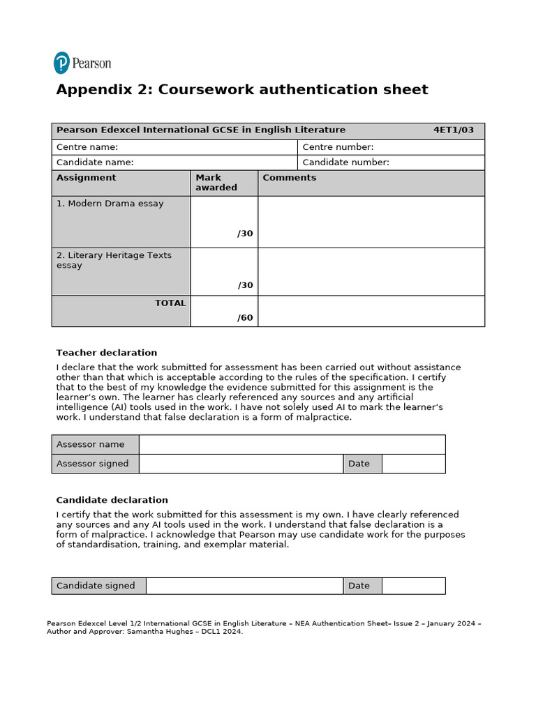 Coursework Authentication Sheet | PDF