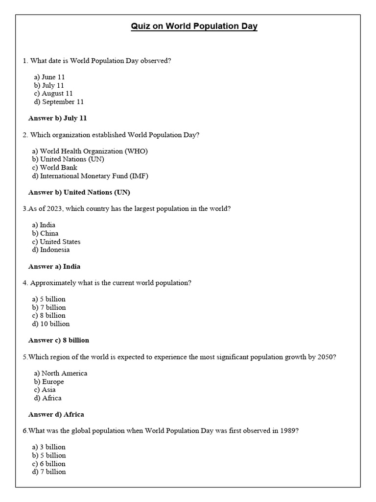World Population Day Quiz 2023 | PDF