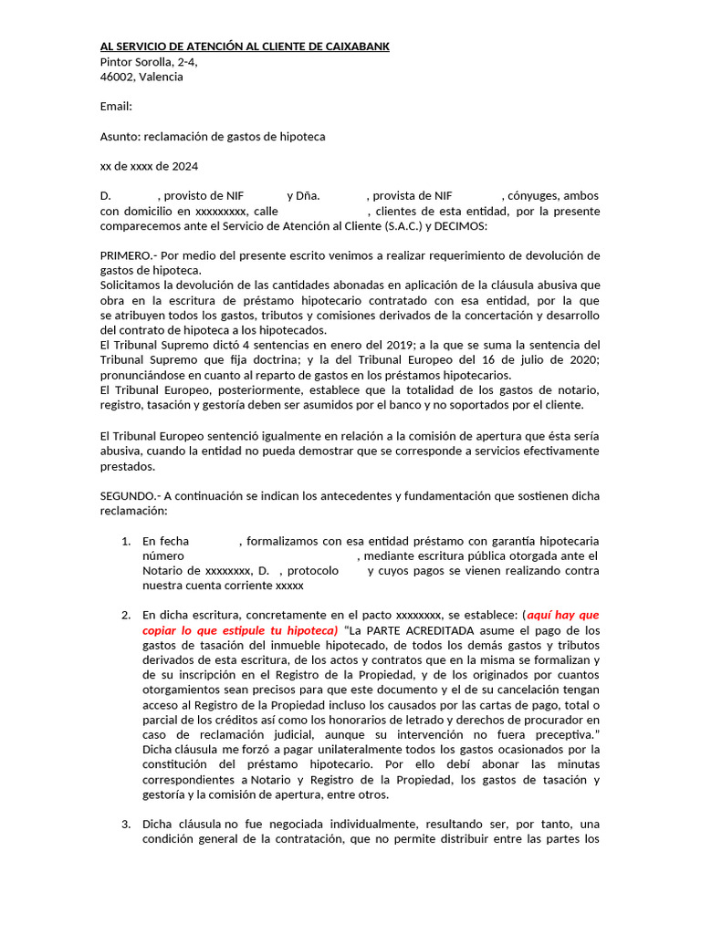 Reclamacion Gastos Hipoteca | PDF | Hipotecas | Ley común