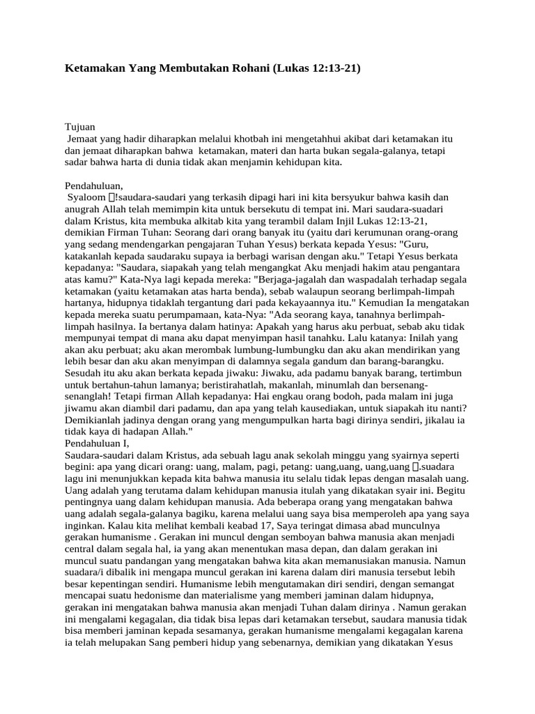 Akibat Ketamakan dalam Kehidupan Rohani | PDF