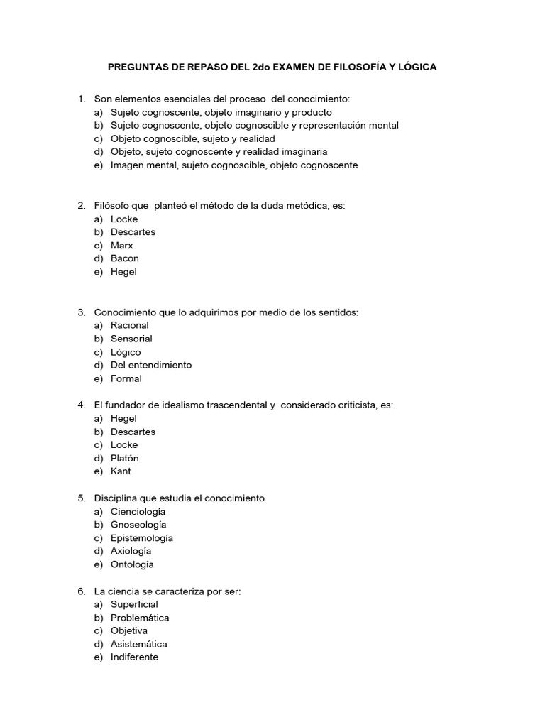 PREGUNTAS DE REPASO DEL 2do EXAMEN DE FILOSOFÍA Y LÓGICA | PDF | Immanuel Kant | Conocimiento