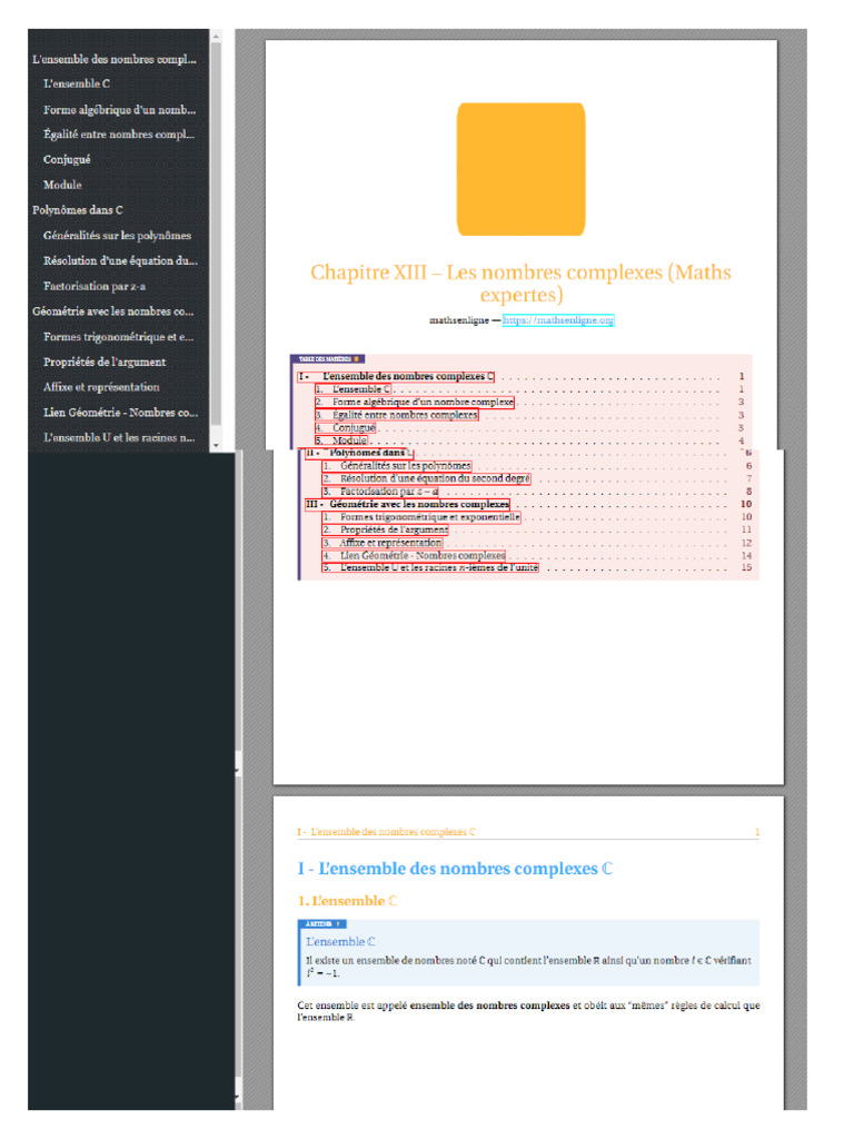 Screencapture Mathsenligne Org Pluginfile PHP 110 Mod Resource Content 2 Nombres Complexes HTML ...