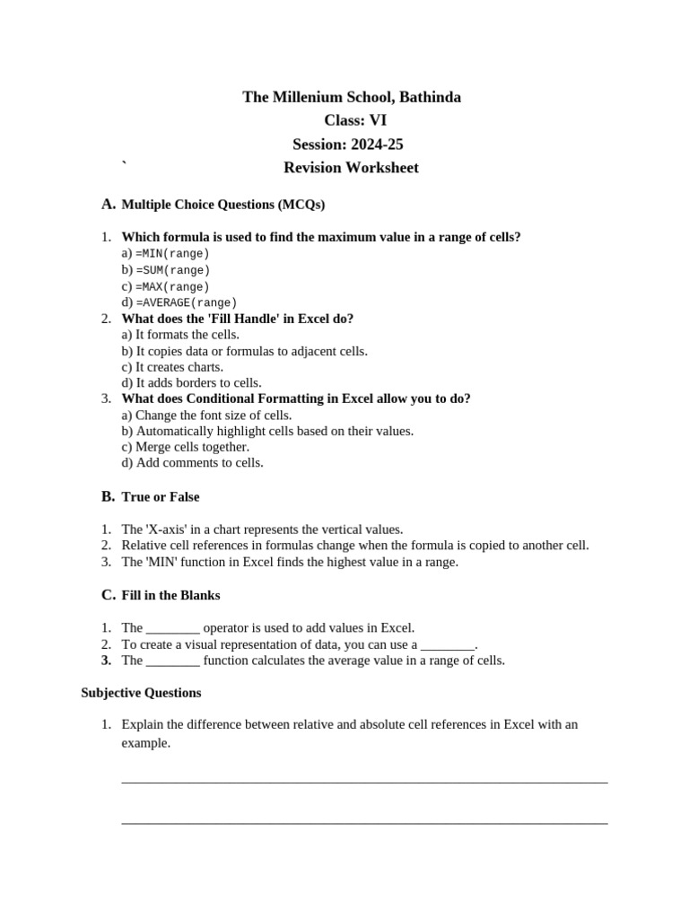 Excel Revision Worksheet for Class VI | PDF | Microsoft Excel