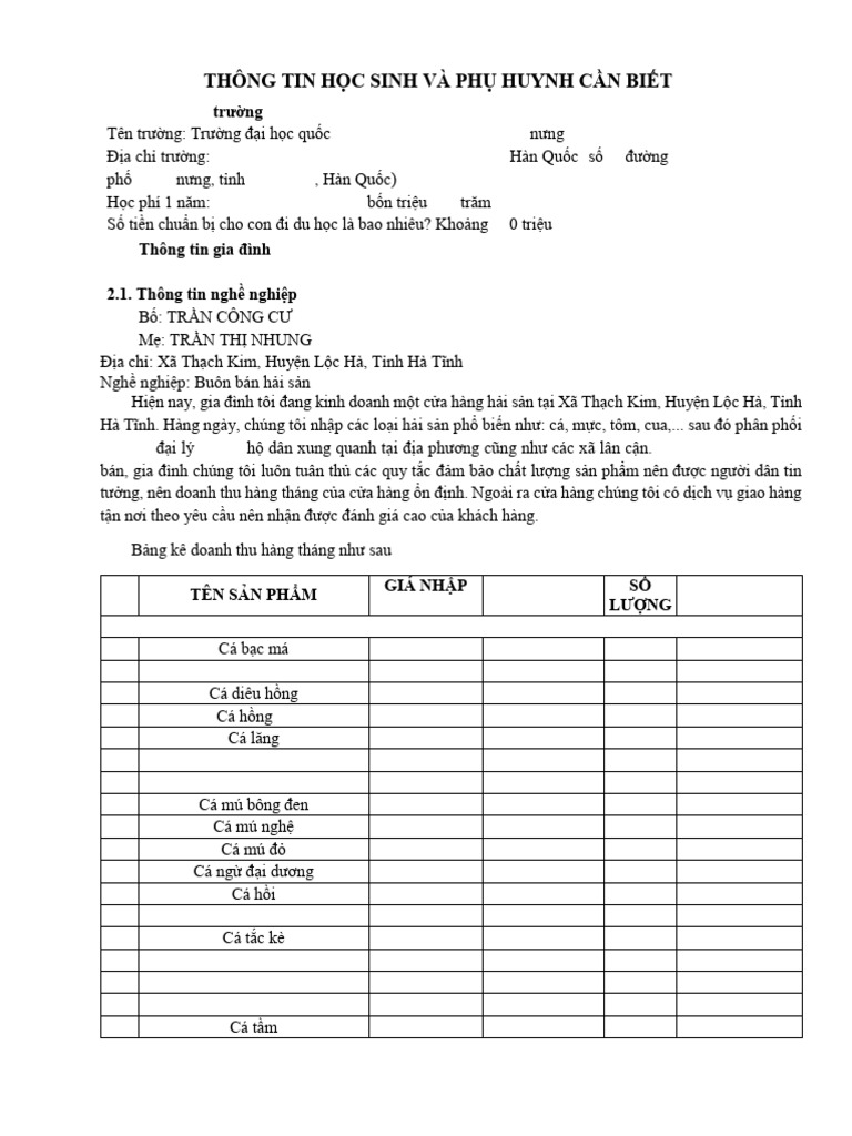 THÔNG TIN HỌC SINH VÀ PHỤ HUYNH CẦN BIẾT LINH | PDF