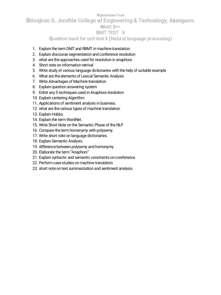 Unit Test II: NLP Question Bank | PDF | Computers