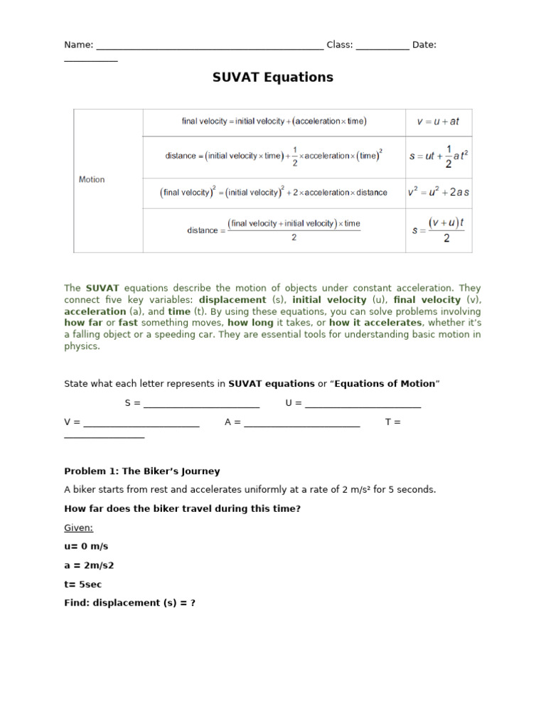 SUVAT_Equations_o | PDF | Acceleration | Equations Of Motion