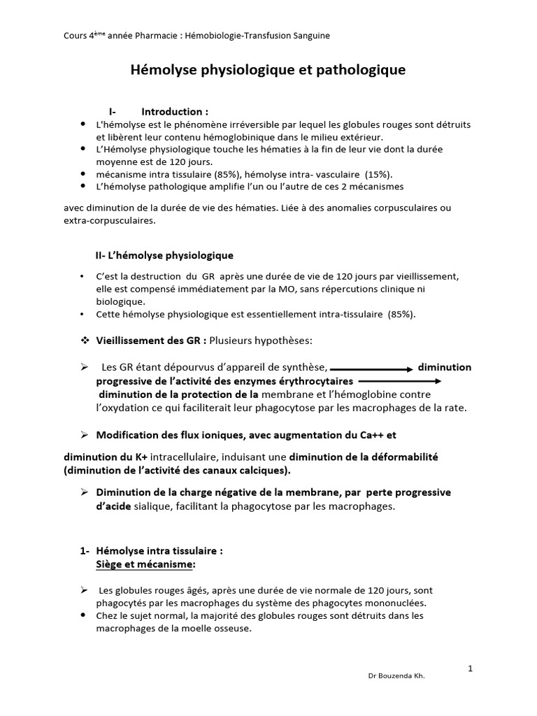 Hémolyse : Physiologie et Pathologie | PDF | Anémie | Hémoglobine