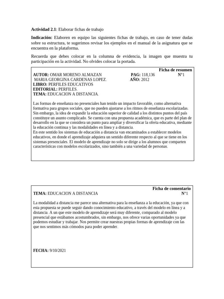 Educación a Distancia: Fichas de Trabajo | PDF | Educación a distancia | Aprendizaje