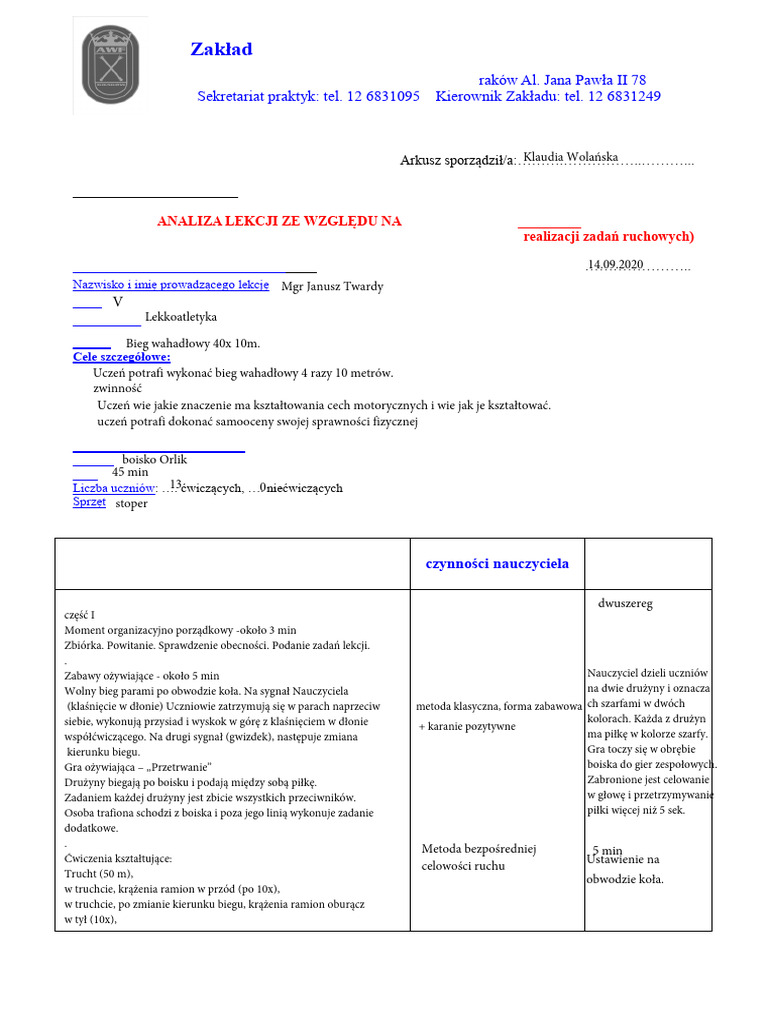 Arkusz Obserwacji Lekcji NR 3 SP 2020 | PDF