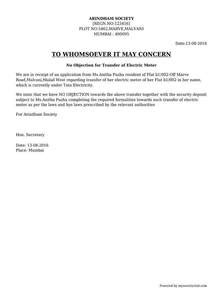 Sample Electric NOC | PDF