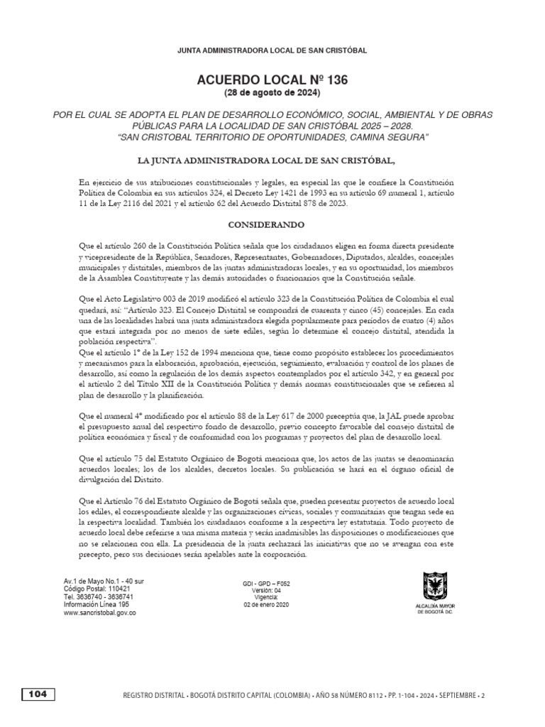 Plan Desarrollo Local Firmado | PDF | Bogotá | Género y desarrollo