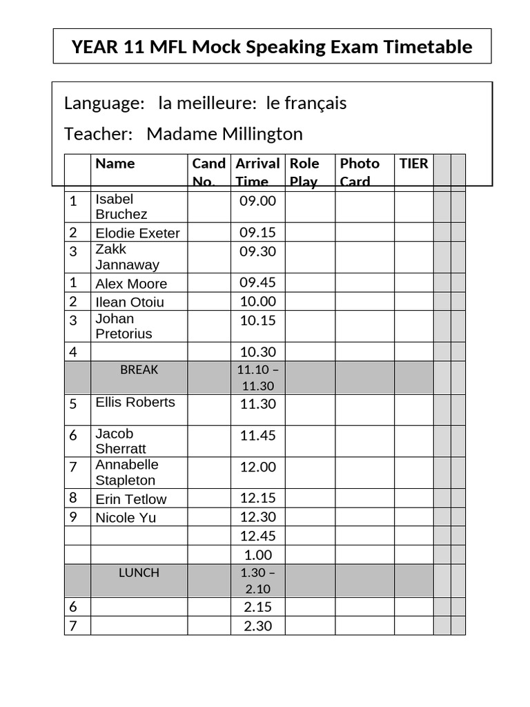 GCSE SpeakingExamTimes French Mock 4 Dec 2024 | PDF