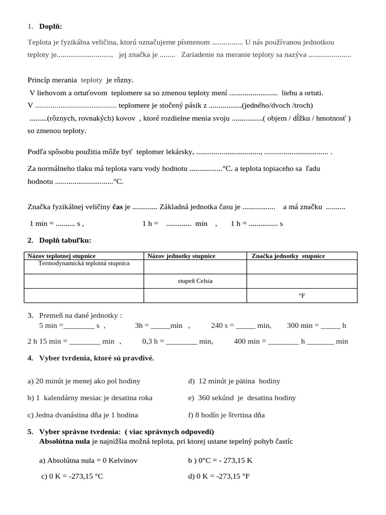 Opakovanie Meranie Teploty Casu Ziakom | PDF