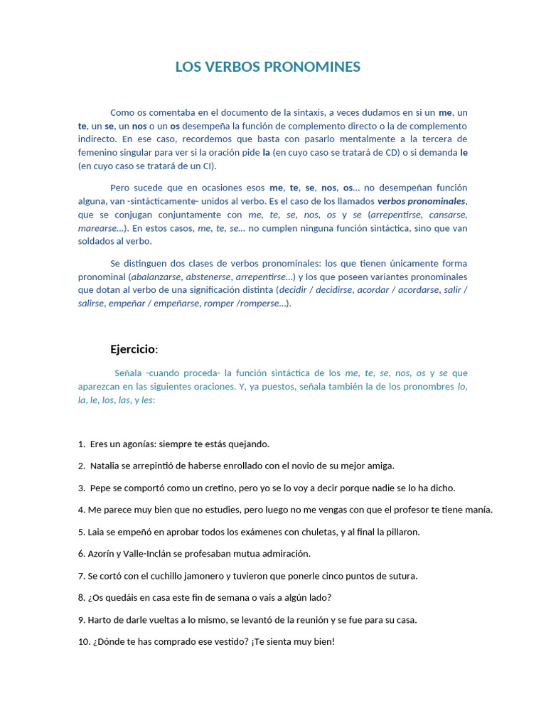 Verbos Pronominales | PDF | Verbo | Pronombre