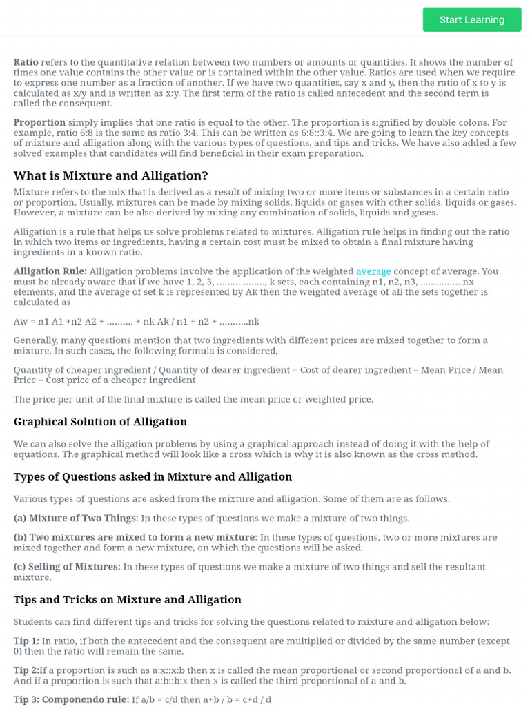 Mixture and Alligation - Graphical Solution, Tips and Tricks | PDF