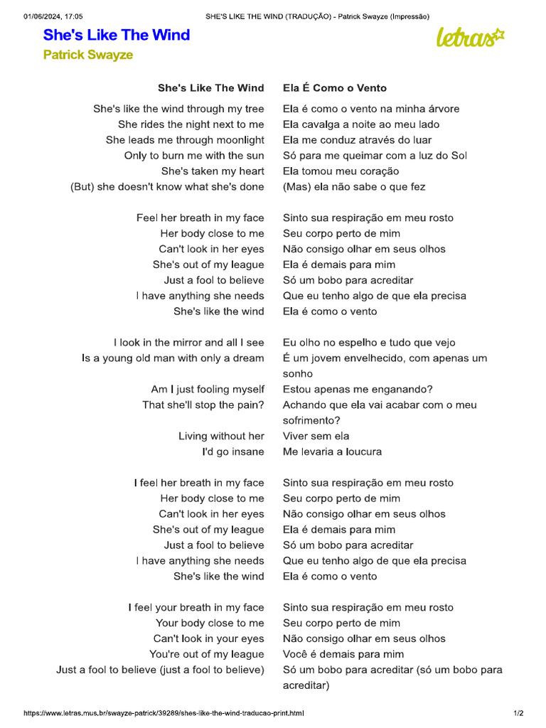 She1s Like The Wind - Patrick Swayze | PDF