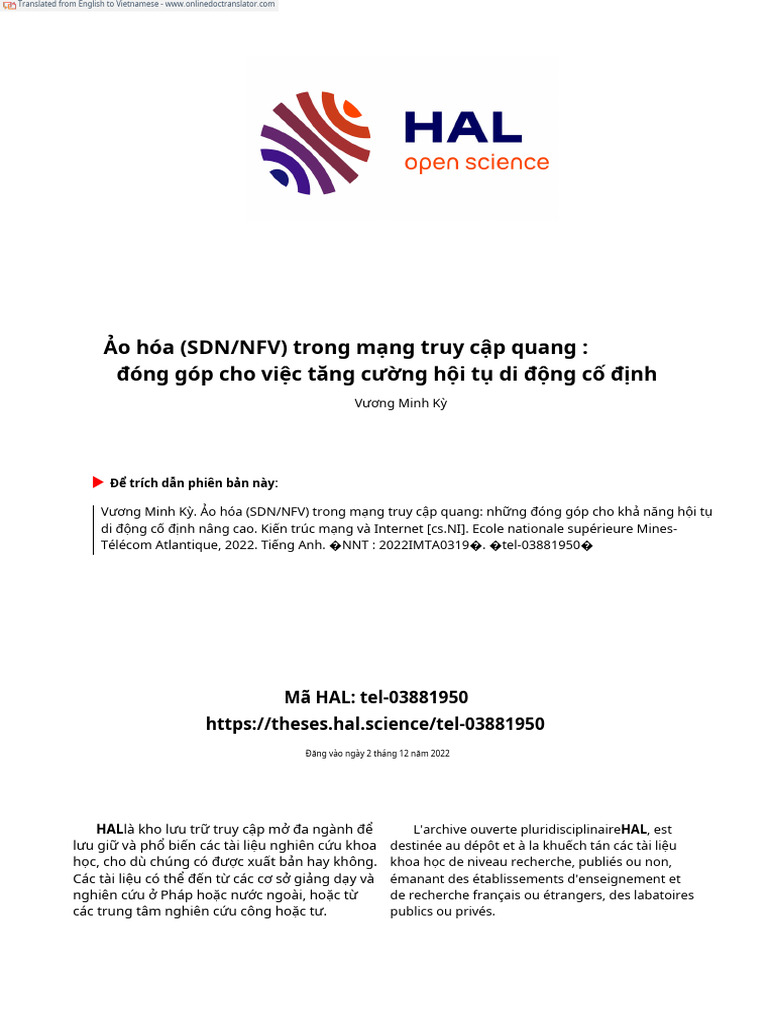 Ảo hóa (SDN/NFV) trong mạng truy cập quang: đóng góp cho việc tăng cường hội tụ di động cố định ...