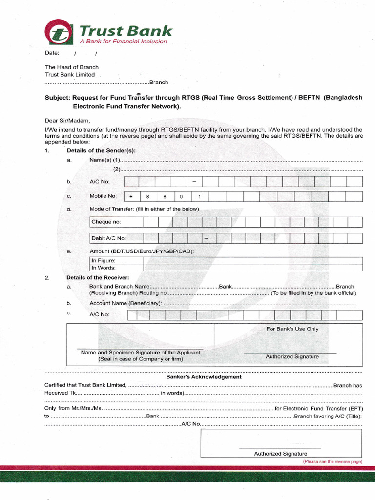 Trust Bank RTGS - BEFTN Form | PDF | Banks | Debit Card