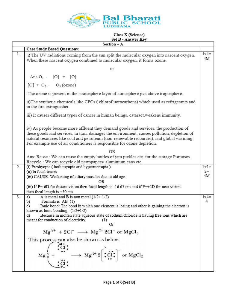 Class X Science Set B Answer Key | PDF | Chlorine | Oxide