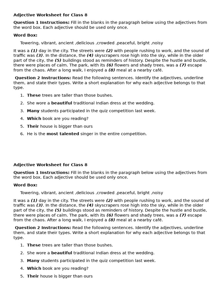 Adjective Worksheet For Class 8 | PDF | Language Arts & Discipline | Foreign Language Studies