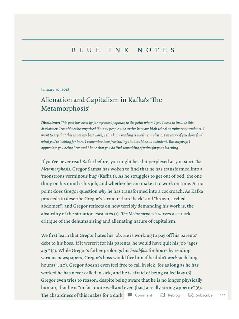 Alienation in Kafka's Metamorphosis | PDF | The Metamorphosis