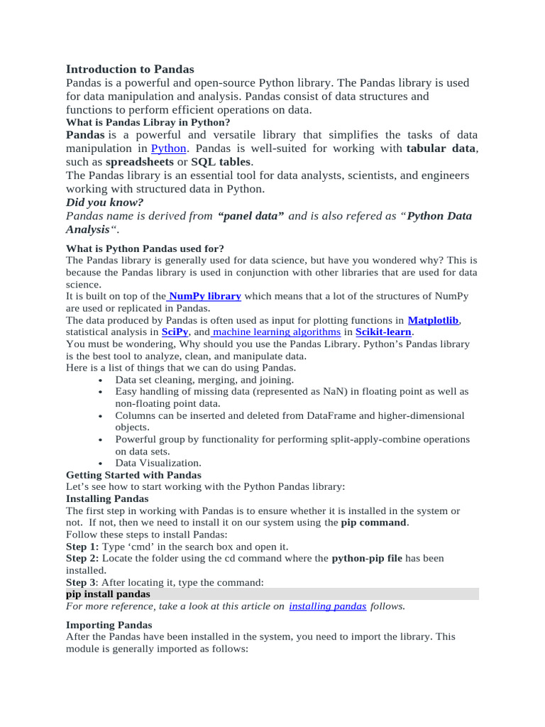 Unit-4Introduction To Pandas | PDF | Database Index | Parameter (Computer Programming)