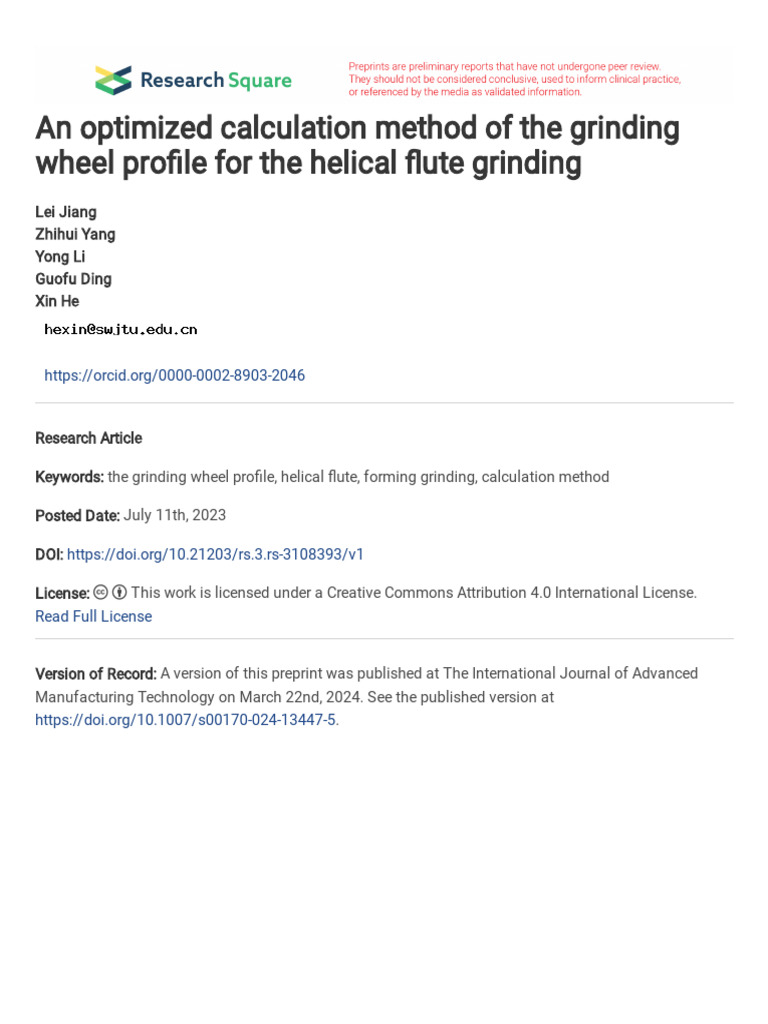 An Optimized Calculation Method of The Grinding Wheel Profile For The ...