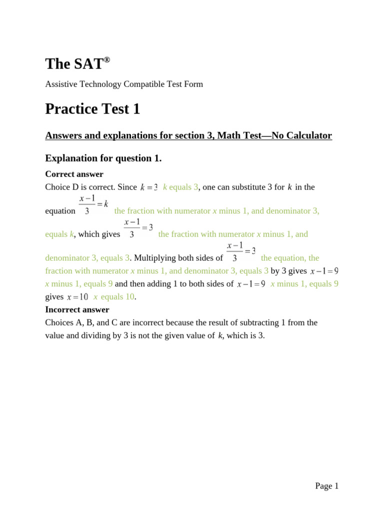 Sat Practice Test 1 Math No Calculator Answer Explanations at | PDF ...