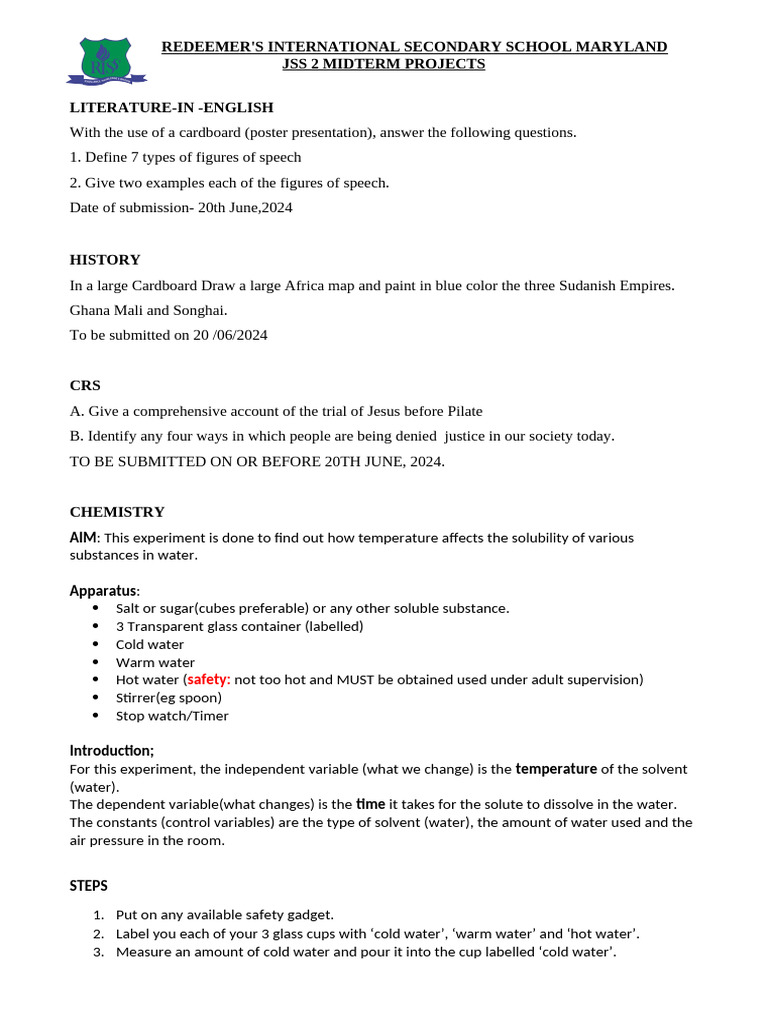 JSS 2 Midterm Projects 2024-1 | PDF | Water | Solubility
