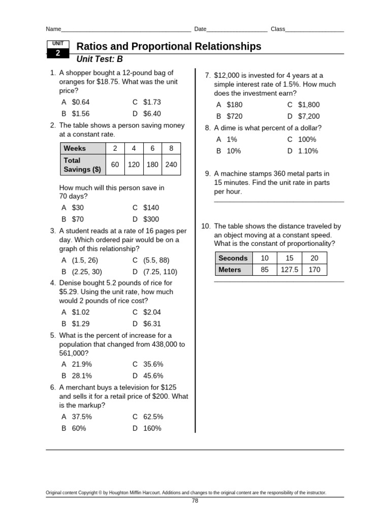 Ratio and Proportional Relationships Unit 3 Practice Test | PDF