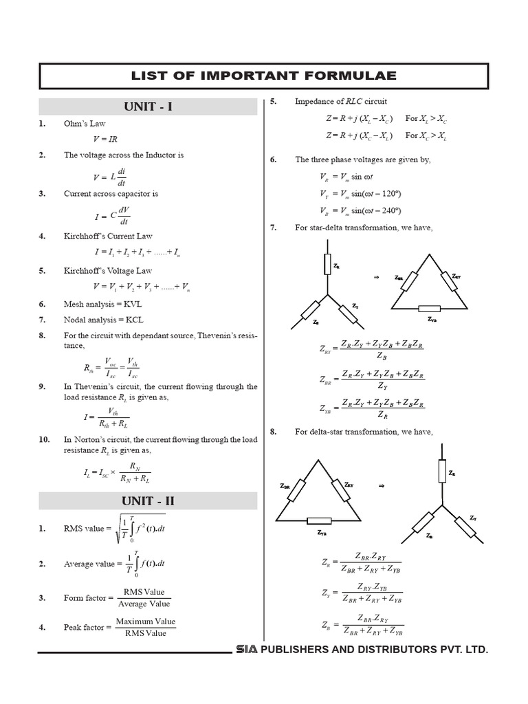 BEE FORMULAE | PDF | Transformer | Physical Quantities