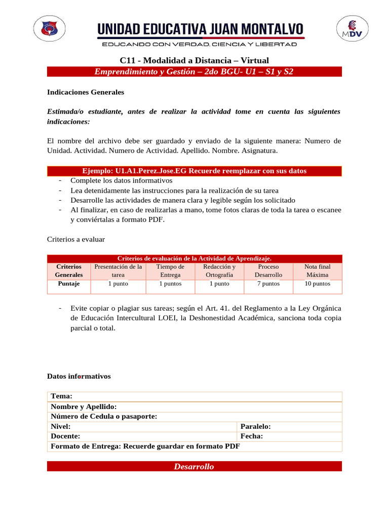 Tarea Emprendimiento y Gestión - 2do BGU - U1 - S1 y S2 Sin Resolver | PDF | Aprendizaje | Cognición