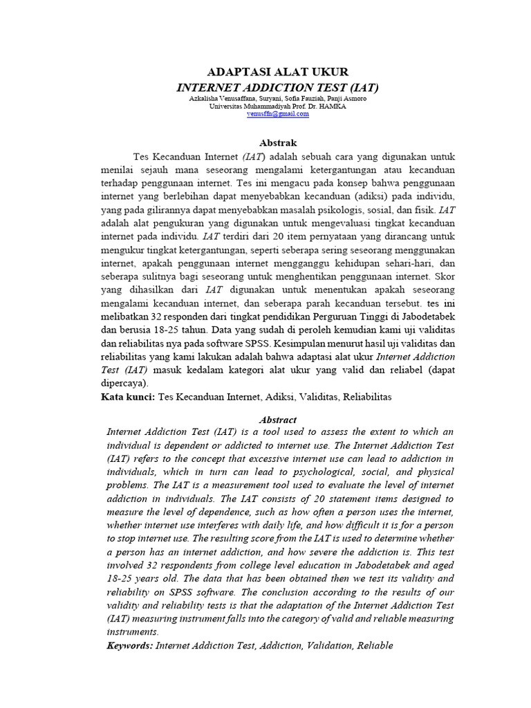 Validitas dan Reliabilitas IAT Kecanduan Internet | PDF