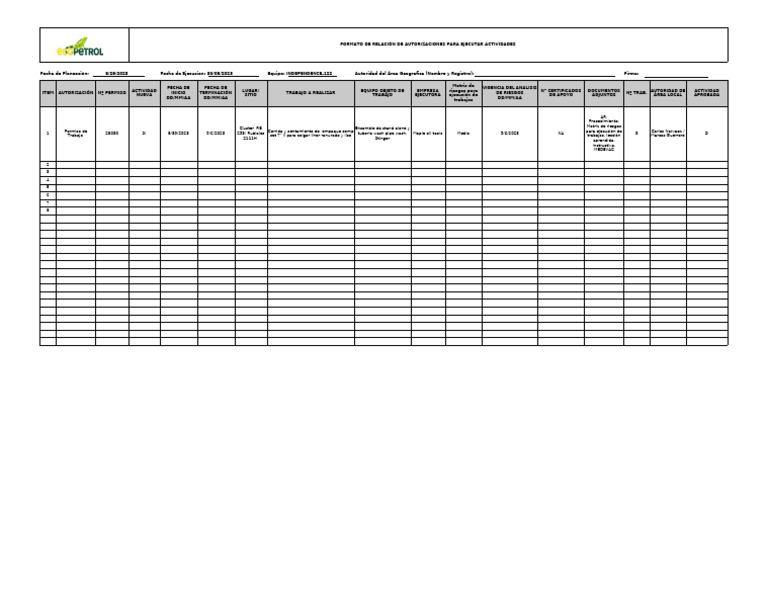 Anexo N°2. IND-122 Formato de Relación de Autorizaciones para Ejecutar ...