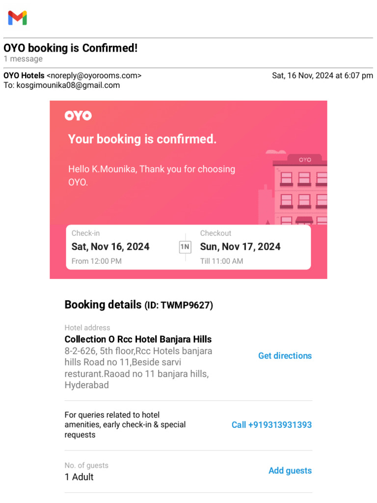 Gmail - OYO Booking Is Confirmed! | PDF | Hotel
