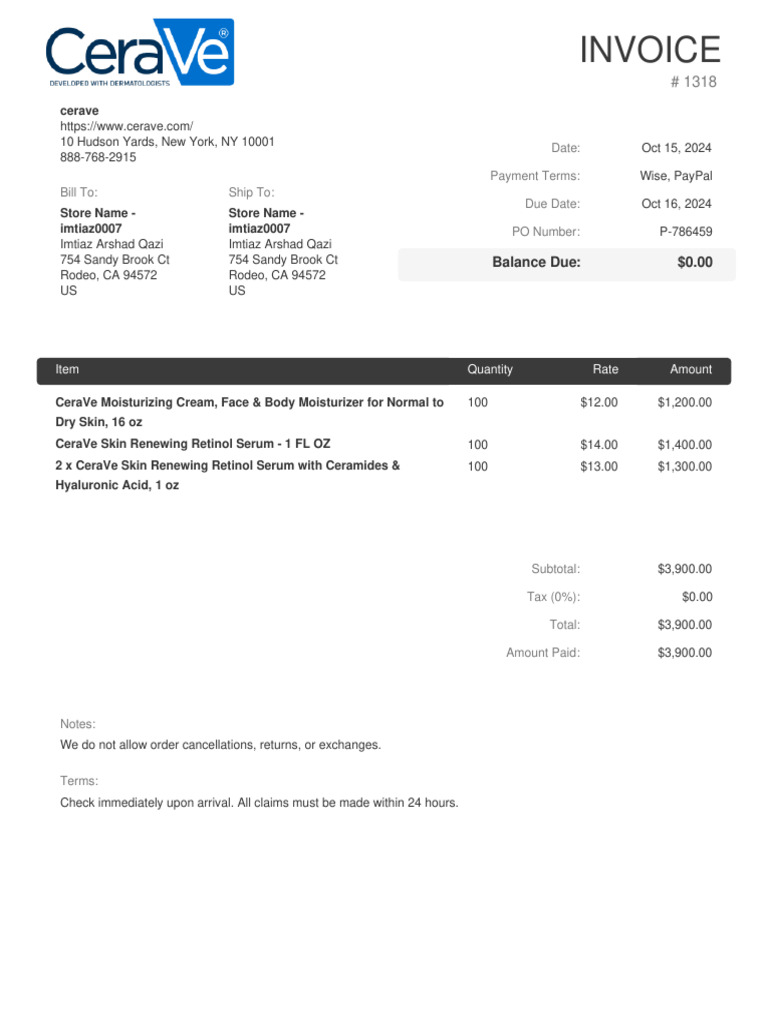 CeraVe Invoice for Order #1318 | PDF