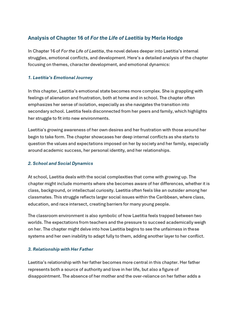 Analysis of Chapter 16 of For The Life of Laetitia by Merle | PDF ...