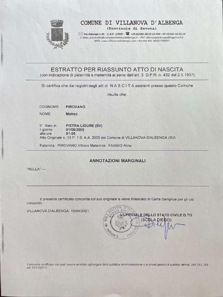 Estratto Per Riassunto Atto Di Nascita Matteo Pirovano | PDF