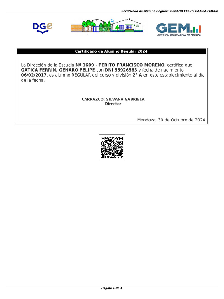 Certificado de Alumno Regular - Genaro Felipe Gatica Ferrin | PDF