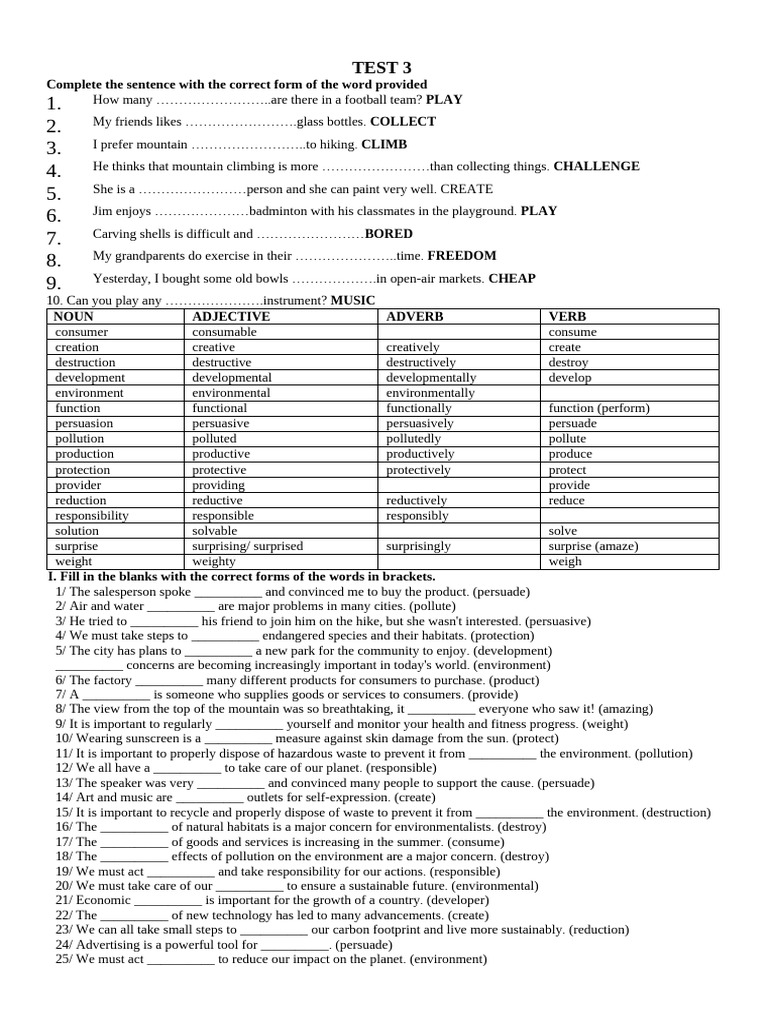 Test 3: Complete The Sentence With The Correct Form of The Word ...