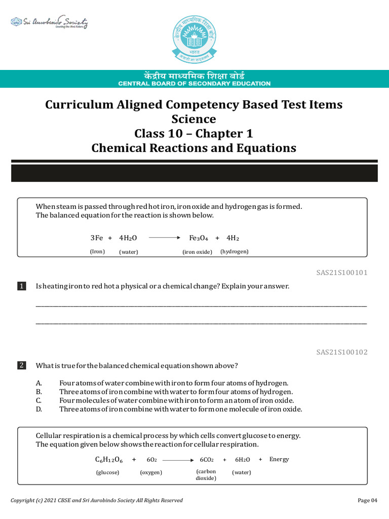 Cbse Class 10 Science Competency Based Questions | PDF | Iron ...