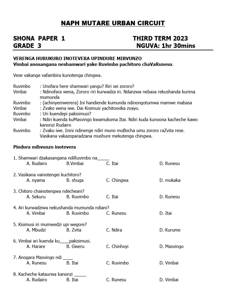 NAPH Shona Gr3-6 3rd Term 2023 | PDF