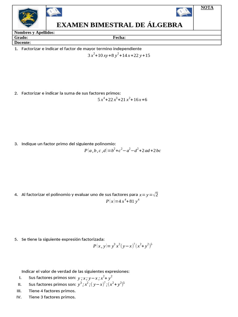 Examen Bimestral de Álgebra 2do | PDF