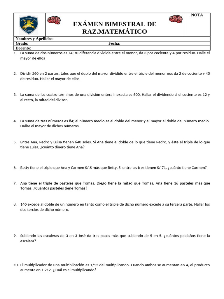 Exámen Bimestral de Raz Mate Practico | PDF