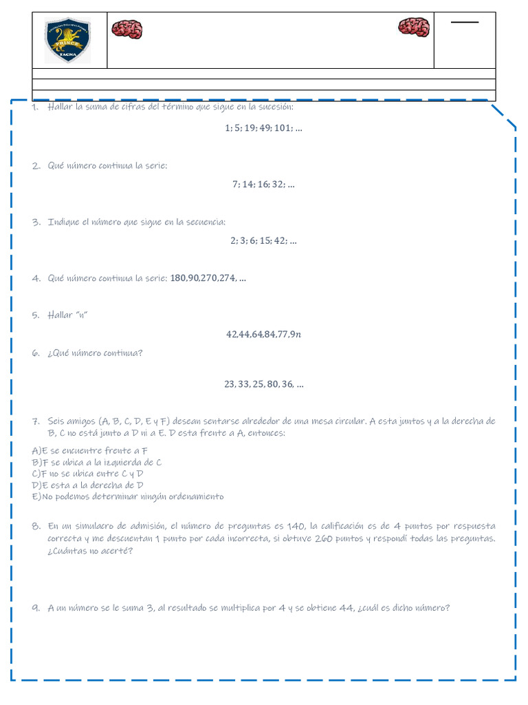 Exámen Bimestral de Raz. Matematico 2do | PDF